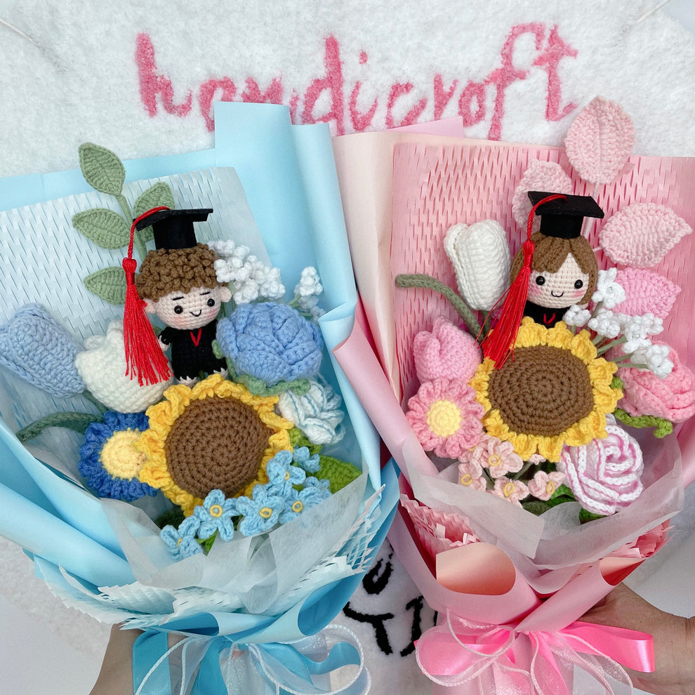 handicroft handmade crochet graduation flower bouquet - memories in bloom